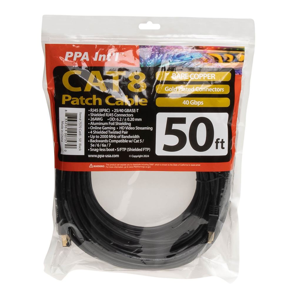 PPA 50 Ft. CAT 8 Gold-Plated Ethernet Cable - Black - Micro Center
