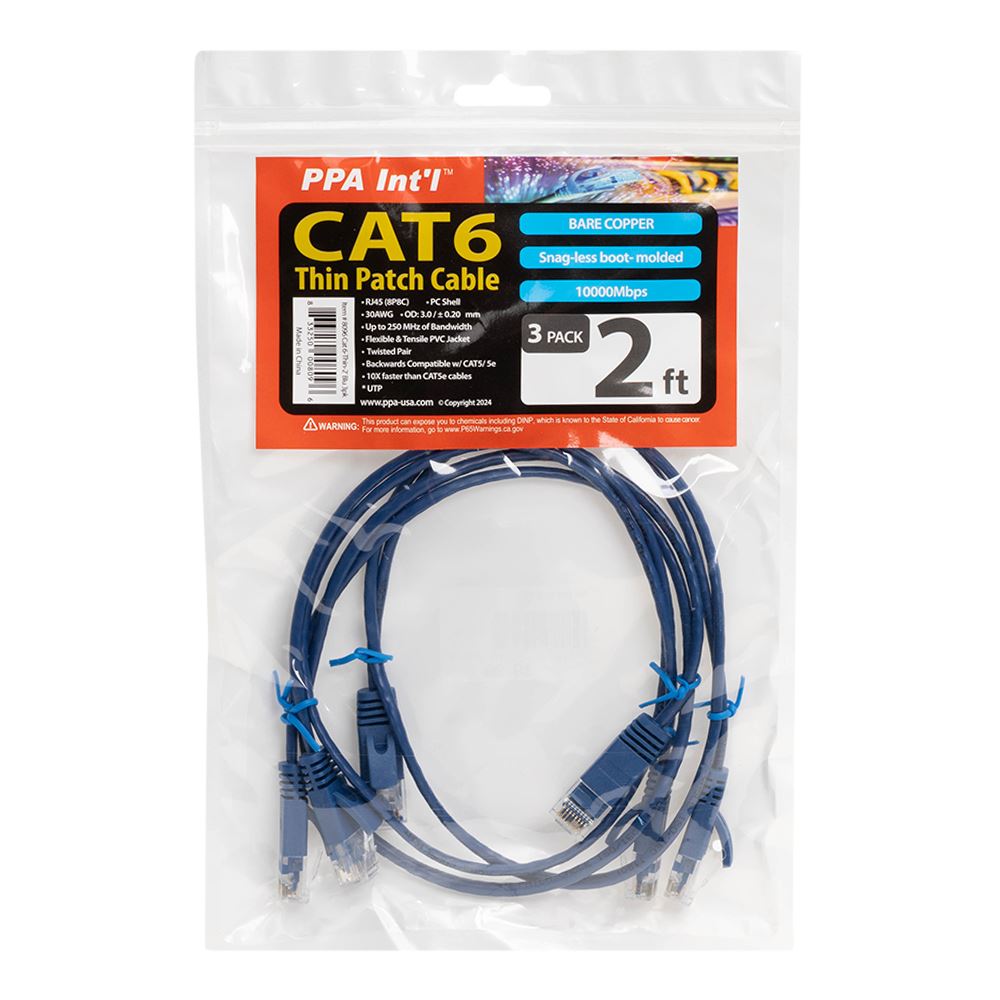 PPA 2 Ft. Cat 6 Thin Ethernet Cable 3 Pack - Blue - Micro Center