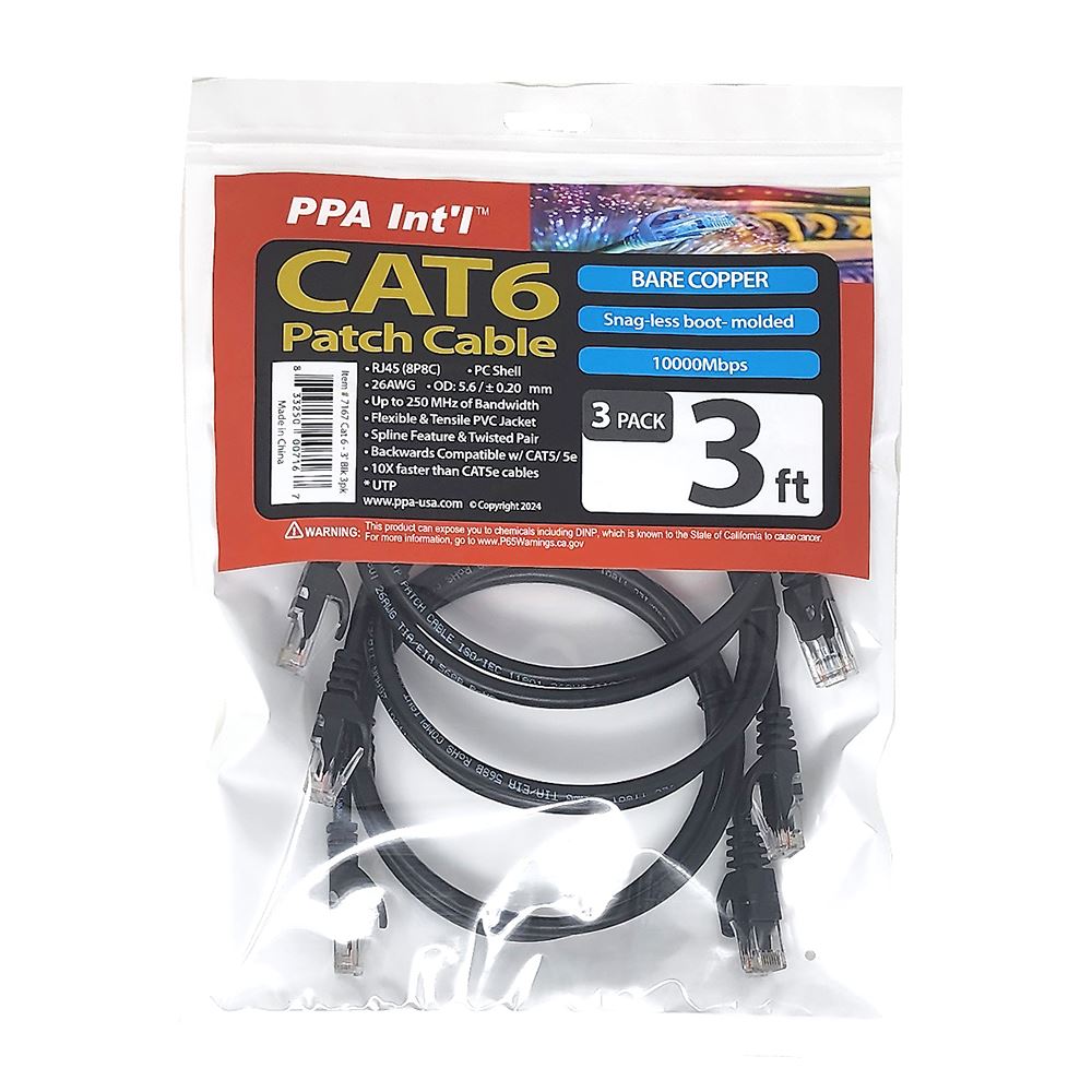 PPA 3 Ft. CAT 6 Snaggless Ethernet Cable 3 Pack - Black - Micro Center